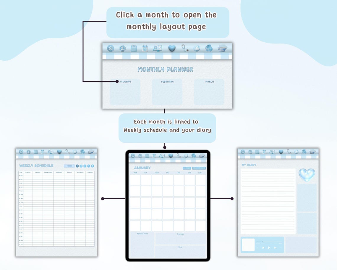 Undated Soft Blue Digital Planner for Goodnotes: Hyperlinked Note ...