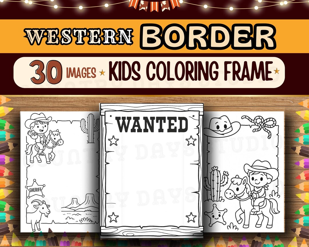 Western Coloring Page Border: Cowboy Kids' Activity (PNG Digital ...