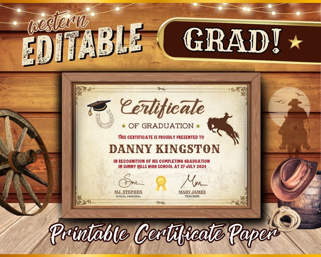 Editable Certificate of Graduation Western Themed Template | High ...