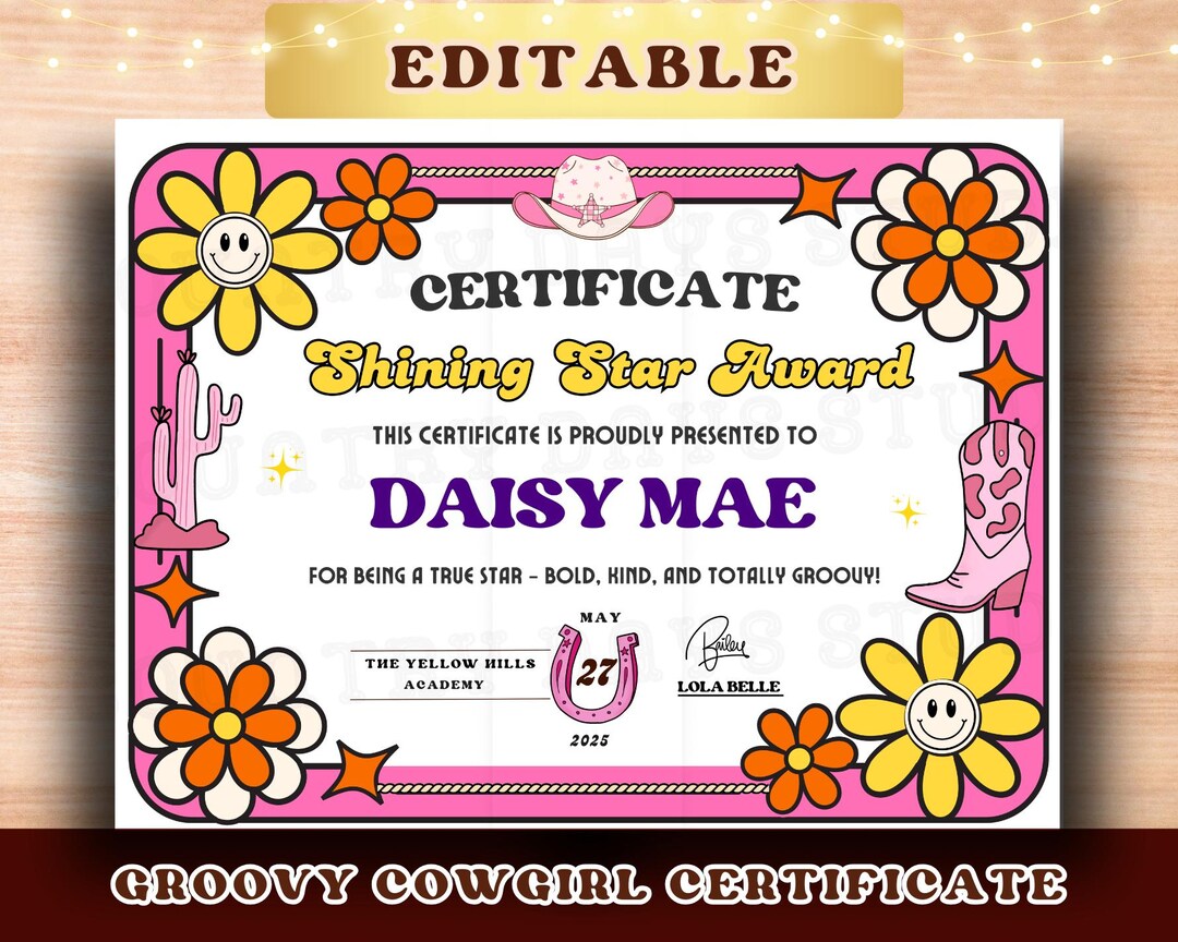 Editable Groovy Cowgirl Certificate Template | Printable Wild West ...