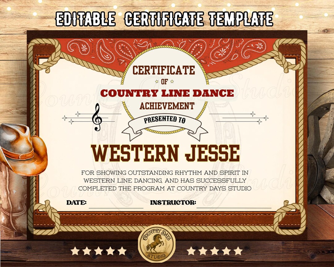 Editable Country Line Dance Certificate Template: Western Rodeo Award ...