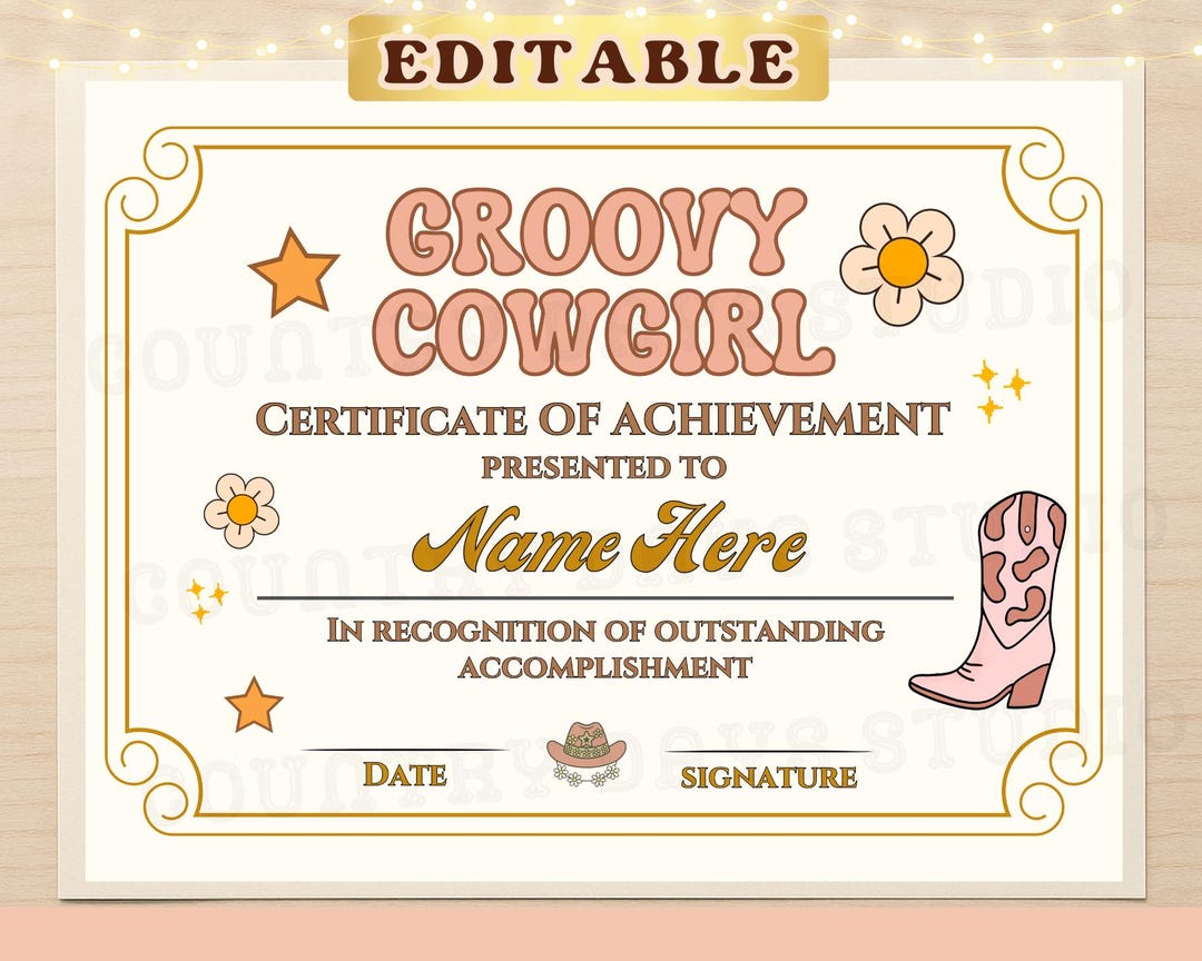 Editable Groovy Cowgirl Certificate Template | Printable Wild West ...