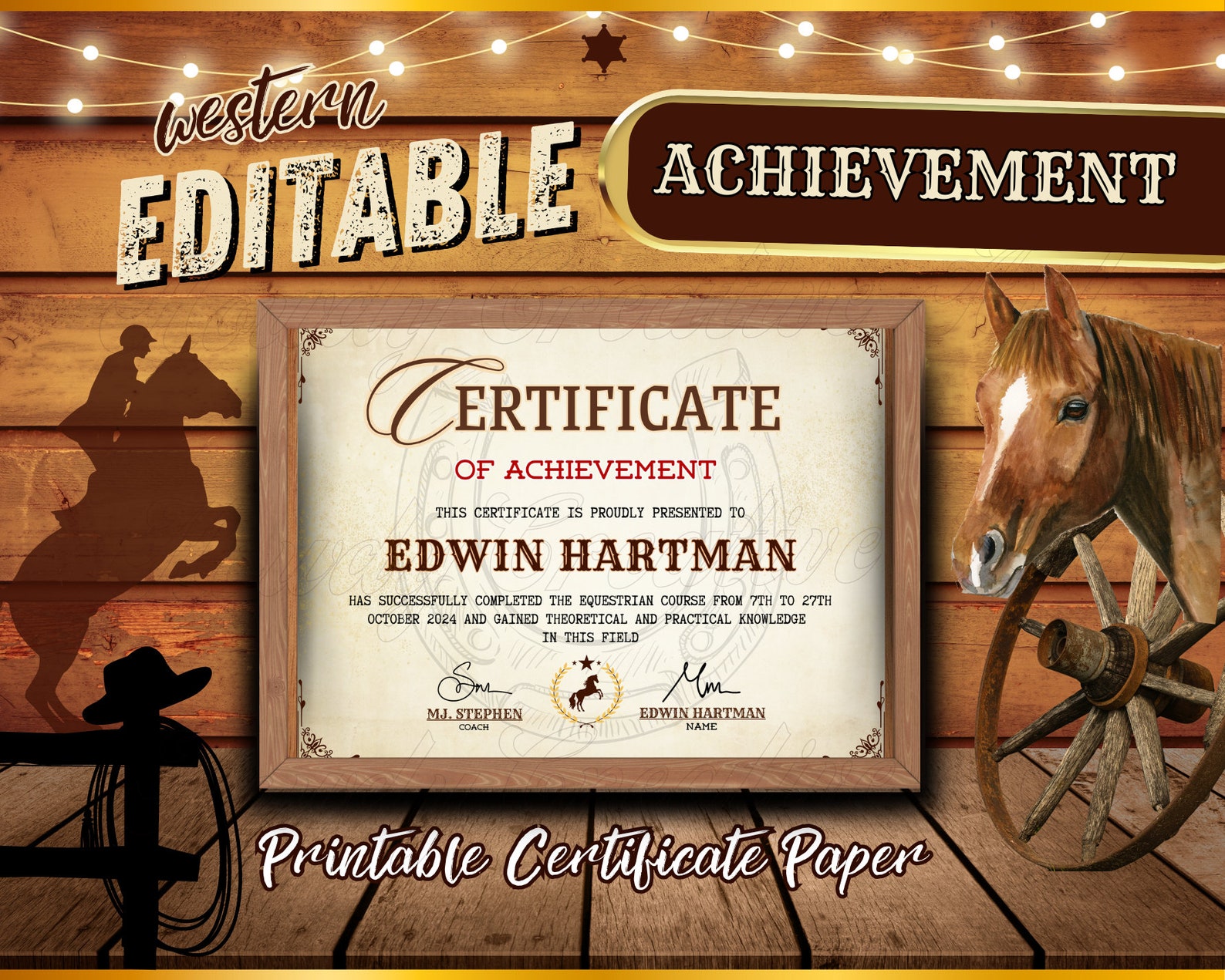 Editable Certificate of Achievement Western Themed | Personalized ...