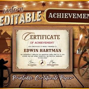 Editable Certificate of Achievement Western Themed | Personalized ...