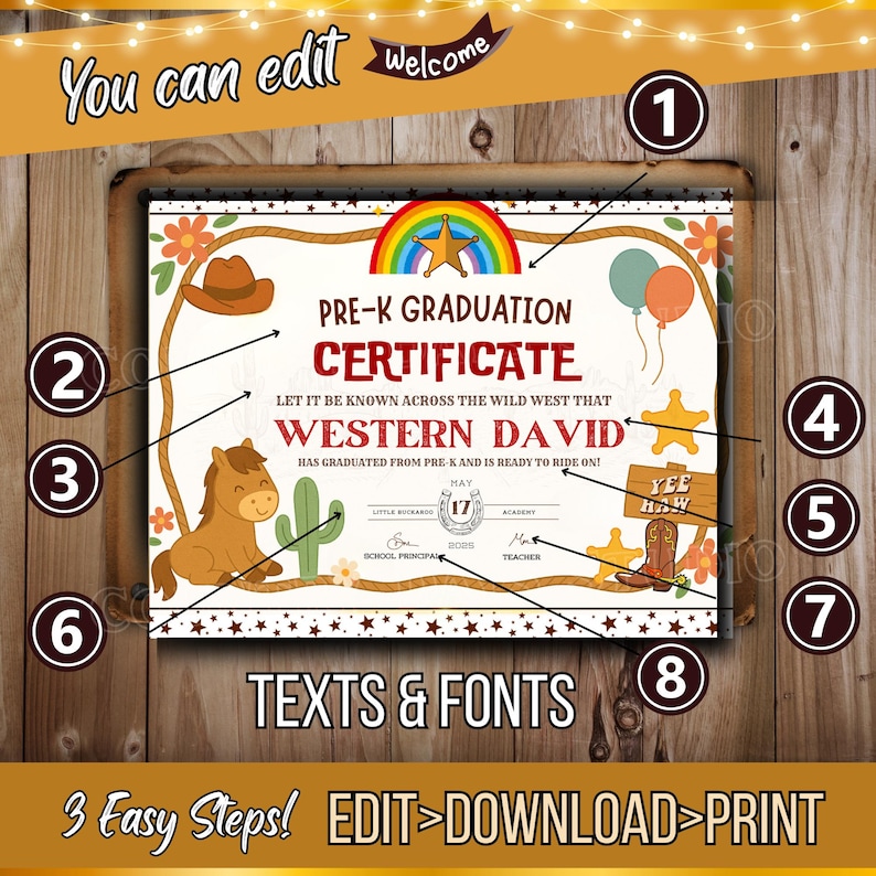 Editable Western Pre-k Graduation Certificate Template (digital ...