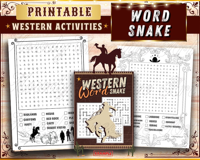 Printable Western Cowboy Word Snake Puzzle Sheets | Fun Word Game Old ...