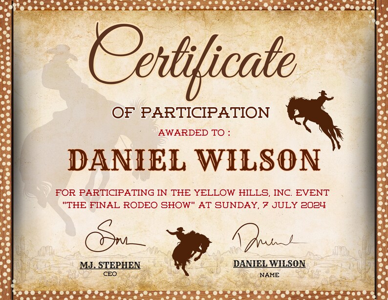 Editable Certificate of Participation Western Themed Template for ...