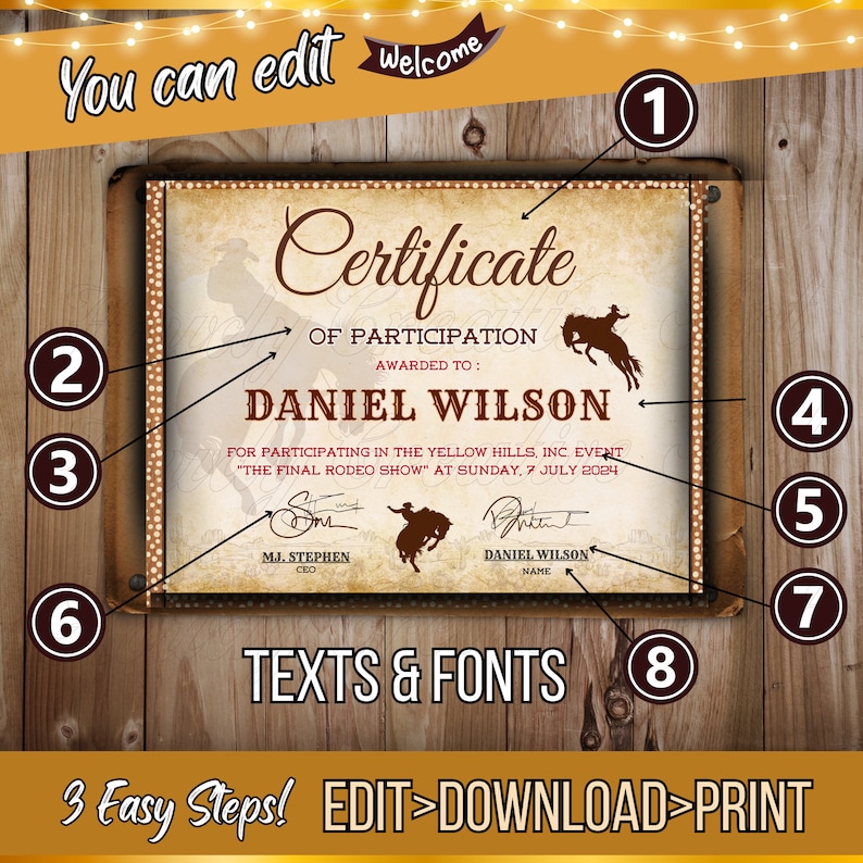 Editable Certificate of Participation Western Themed Template for ...