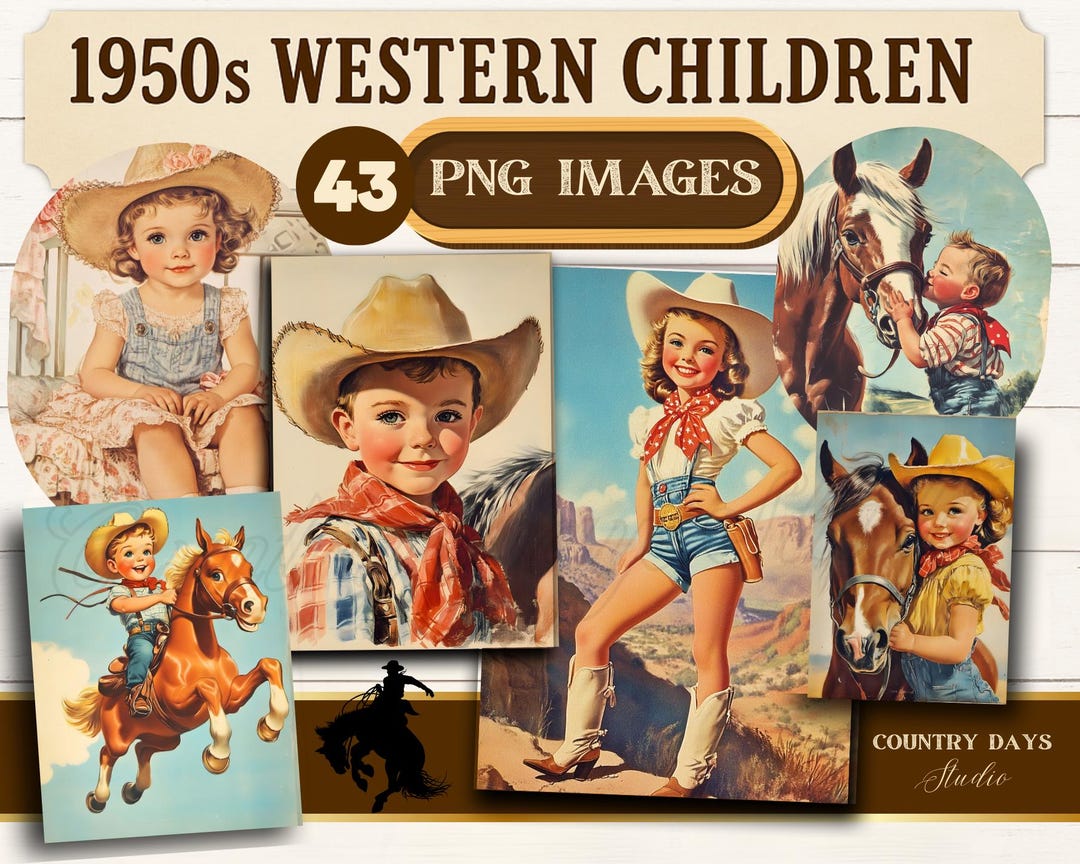 Vintage Printable Cowboy Kids Clipart | 1950s Retro Western Children ...