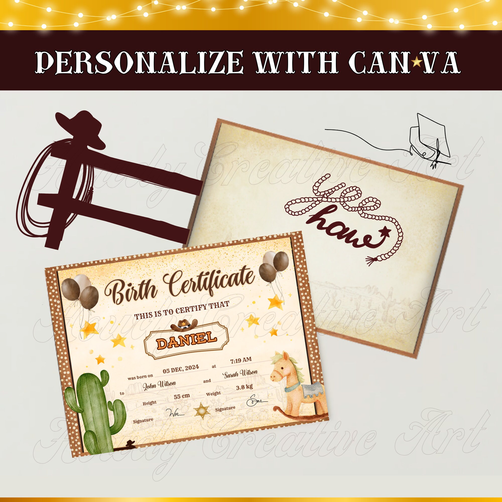 Editable Kids Birth Certificate Western Theme for Baby Cowboys Newborn ...