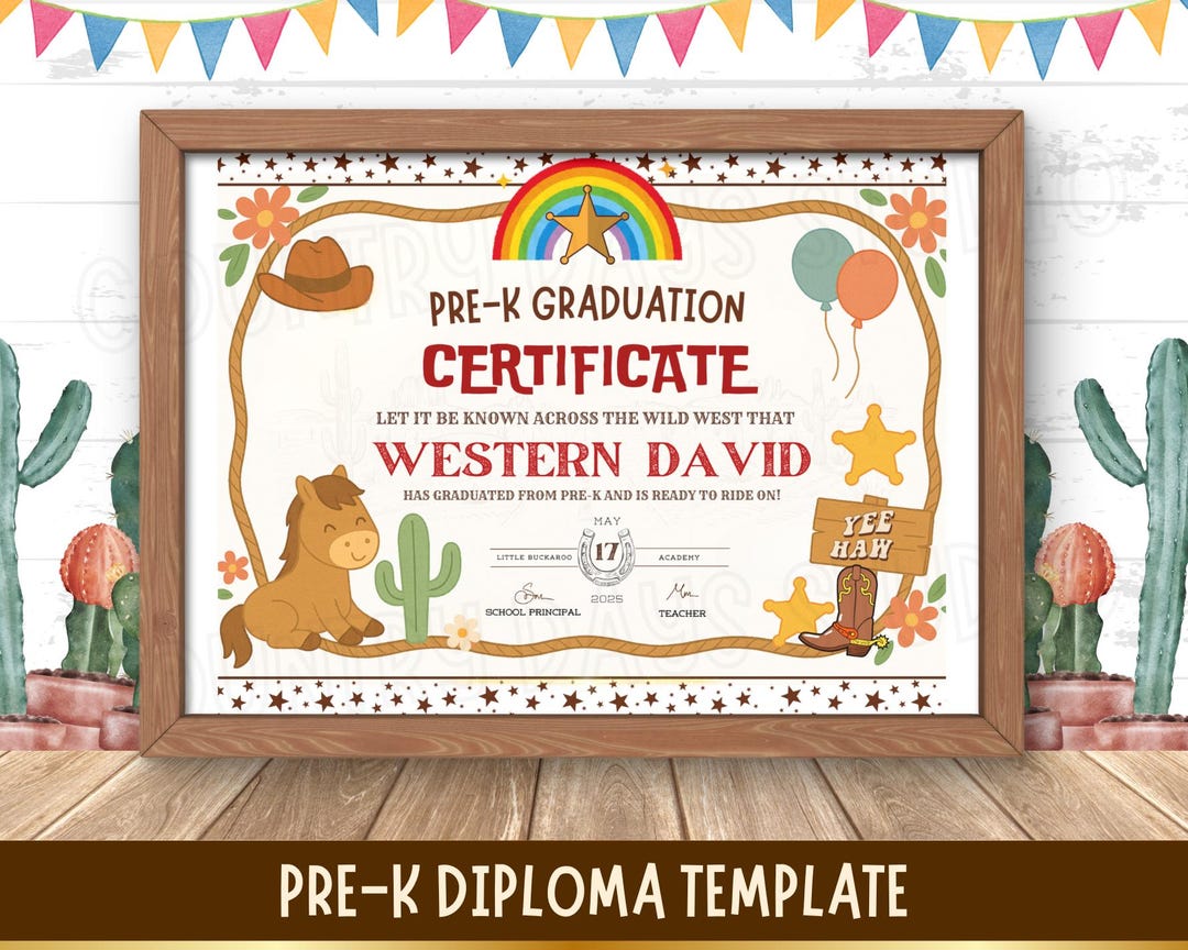 Editable Western Theme Pre-k Graduation Diploma | Printable Graduation ...