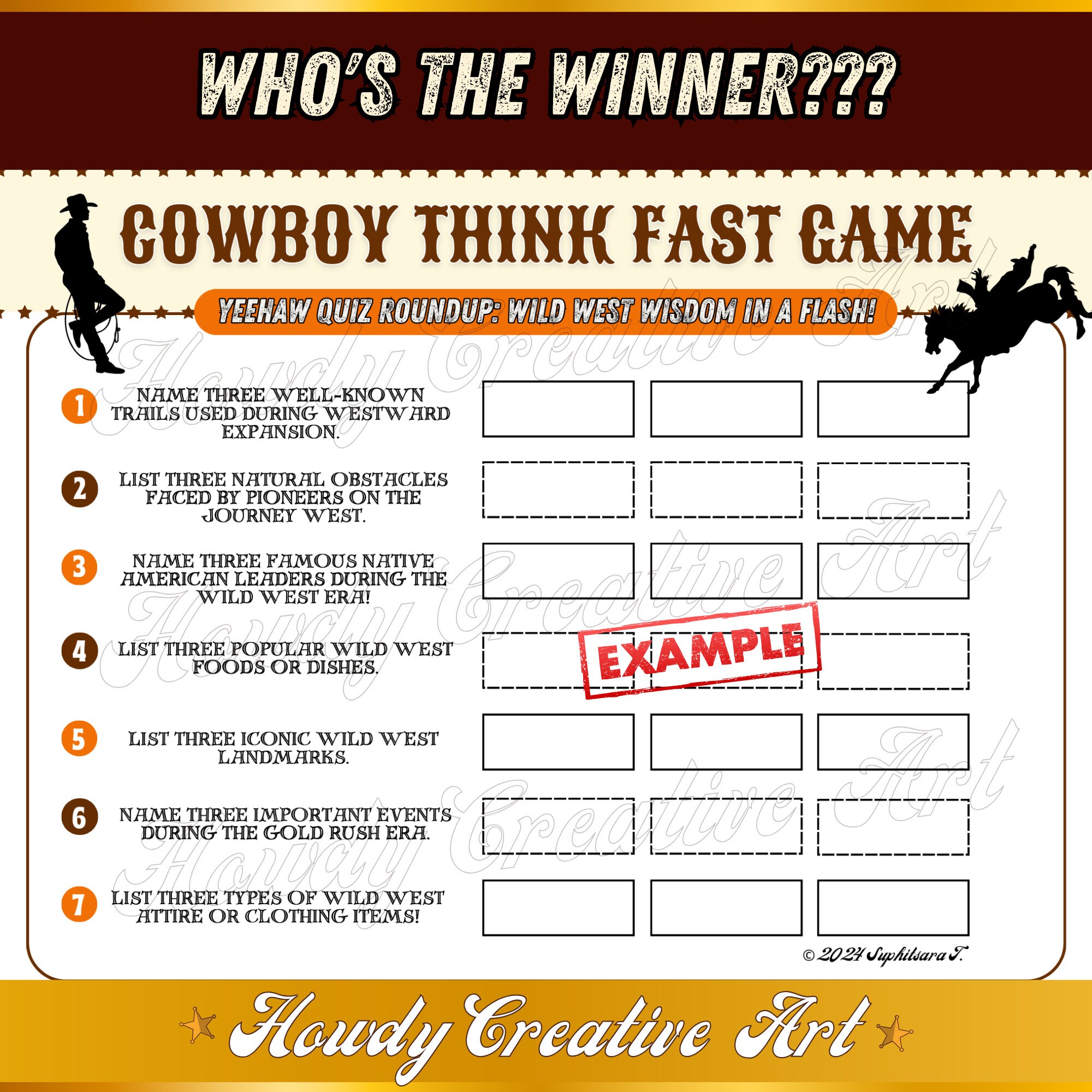 Western Cowboy Think Fast Game: Printable Activity Sheets (digital ...