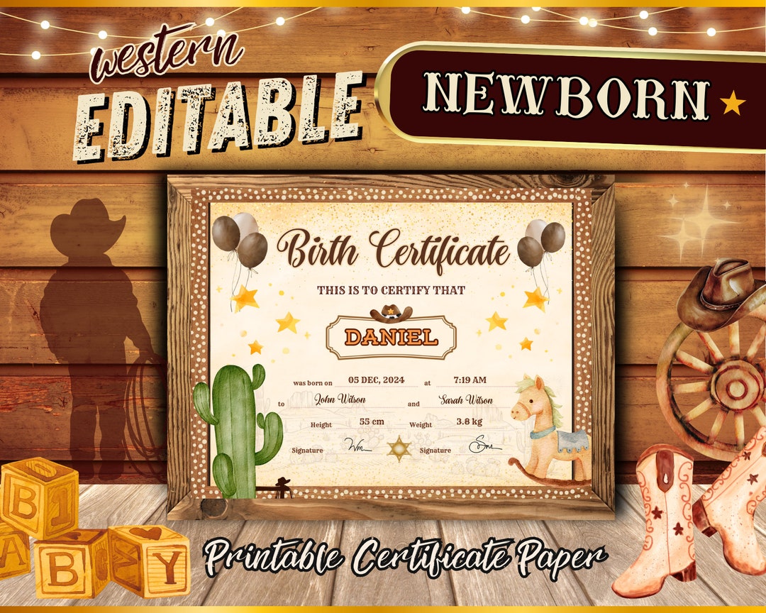 Editable Kids Birth Certificate Western Theme for Baby Cowboys ...