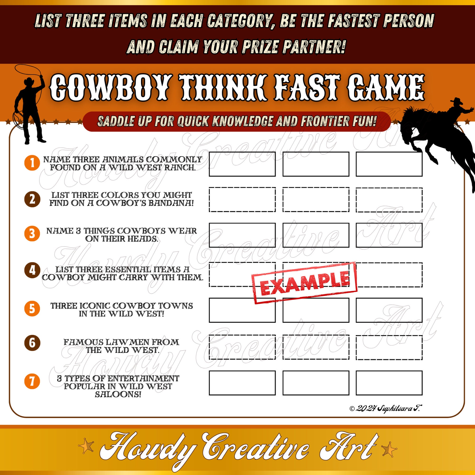 Western Cowboy Think Fast Game: Printable Activity Sheets (digital ...