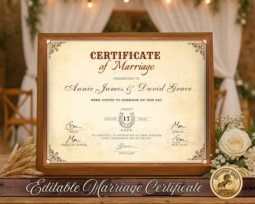 Western Wedding Certificate: Editable Marriage Keepsake (digital ...