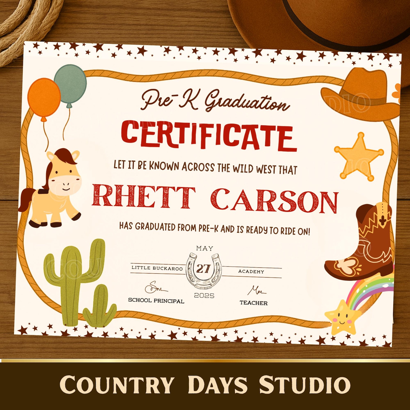 Editable Western Theme Pre-k Graduation Diploma | Cowboy Printable ...
