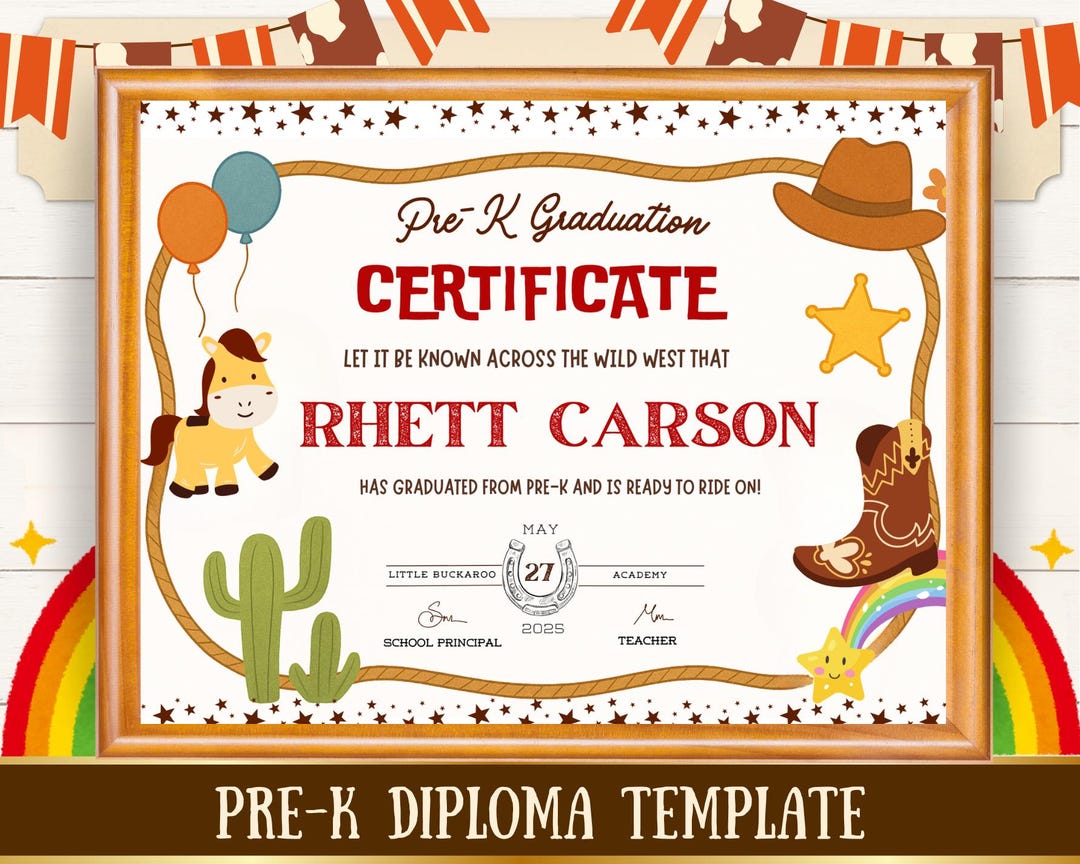 Editable Western Theme Pre-k Graduation Diploma | Cowboy Printable ...