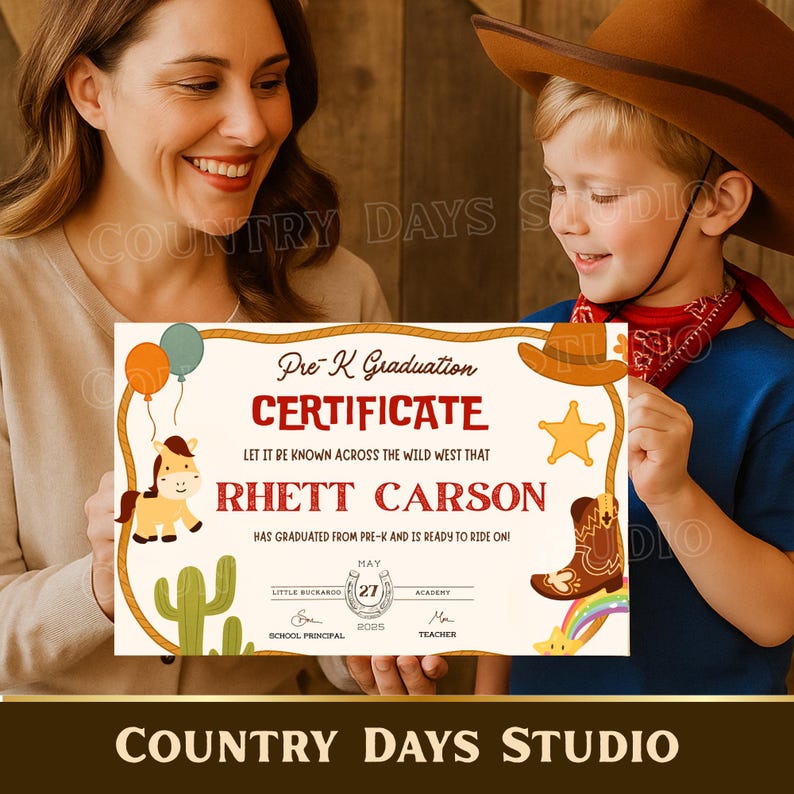 Editable Western Theme Pre-k Graduation Diploma | Cowboy Printable ...
