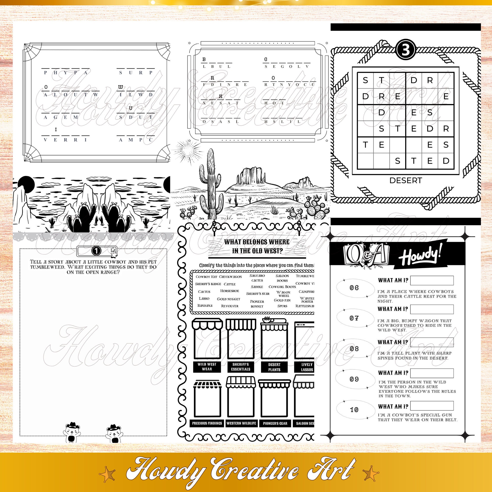 Western Activity Pages Fun Cowboy Activity Word Games Puzzle Worksheets ...