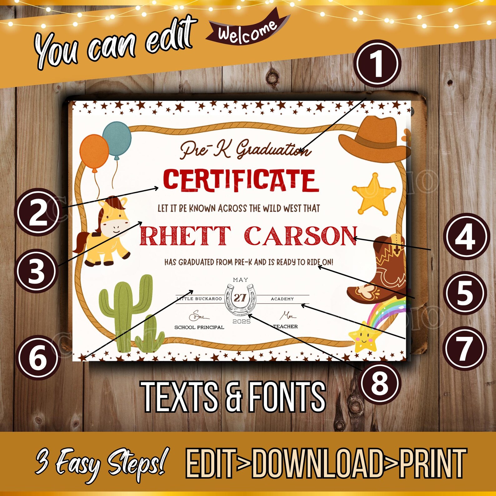Editable Western Theme Pre-k Graduation Diploma | Cowboy Printable ...