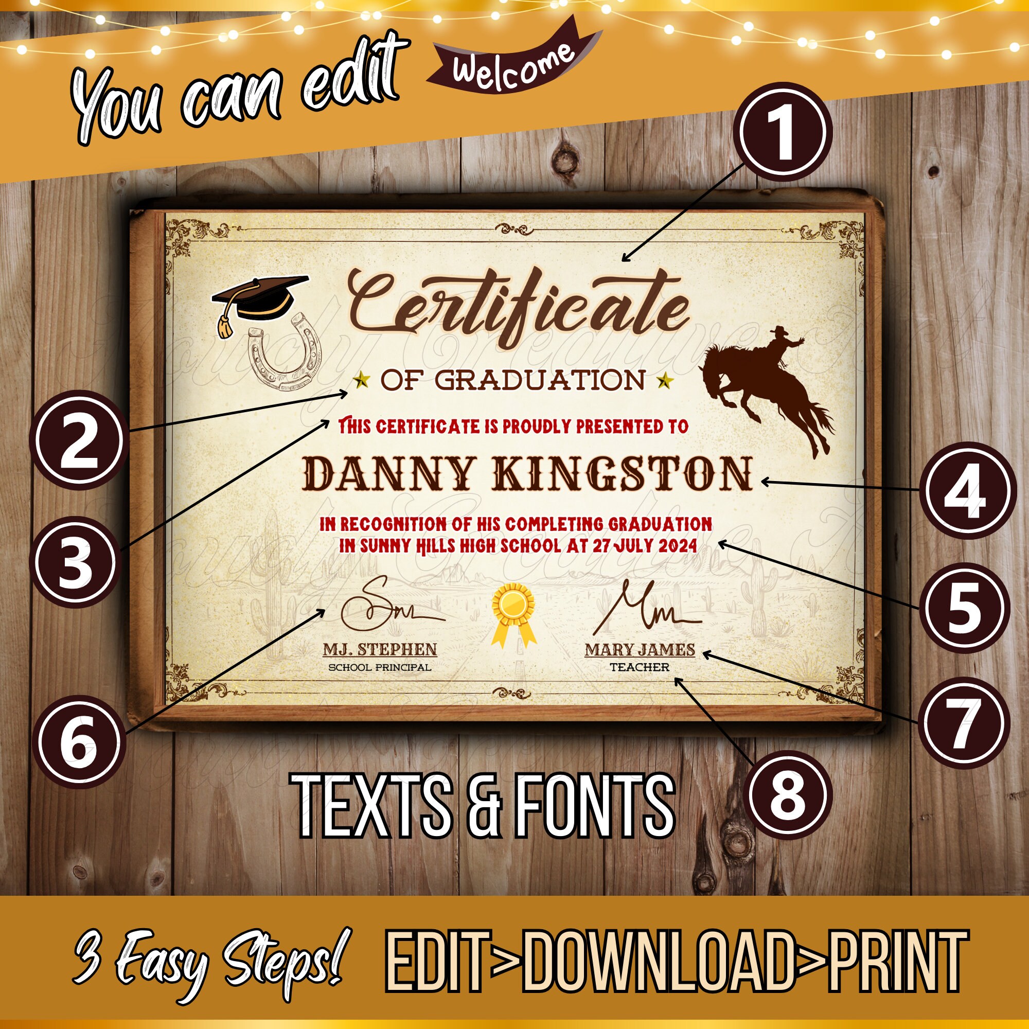 Editable Certificate of Graduation Western Themed Template | High ...