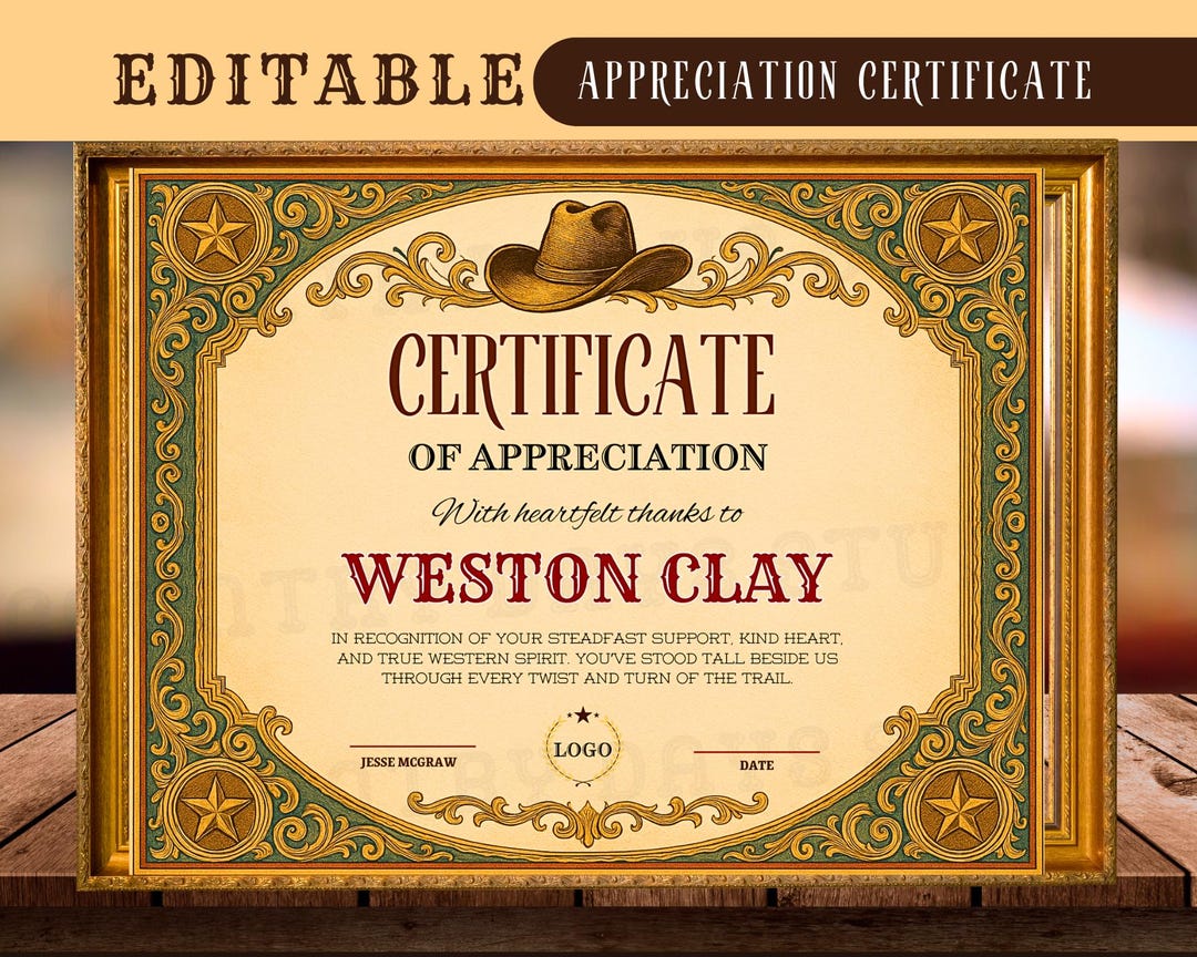 Editable Western Appreciation Certificate Template: Printable Cowboy ...