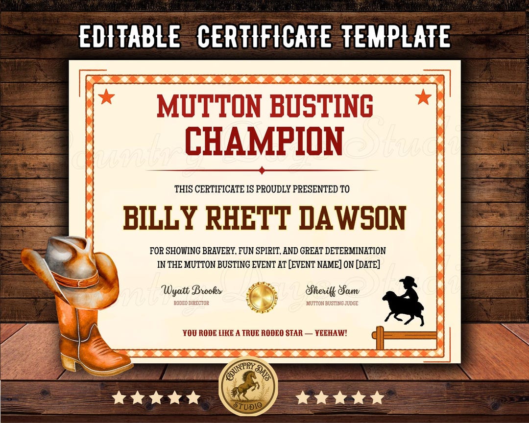 Editable Mutton Busting Certificate | Western Rodeo Award (PDF) - Etsy