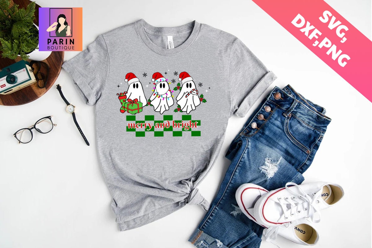 Merry and Bright Ghost SVG, Christmas Lights Svg, Retro Holiday Graphic ...