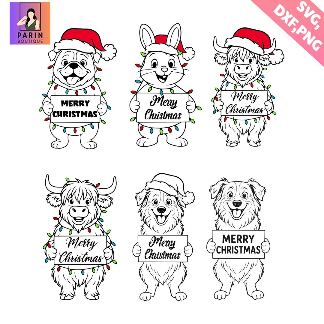 Christmas Animals Sign Bundle SVG PNG, Cute Pets Holding Merry ...