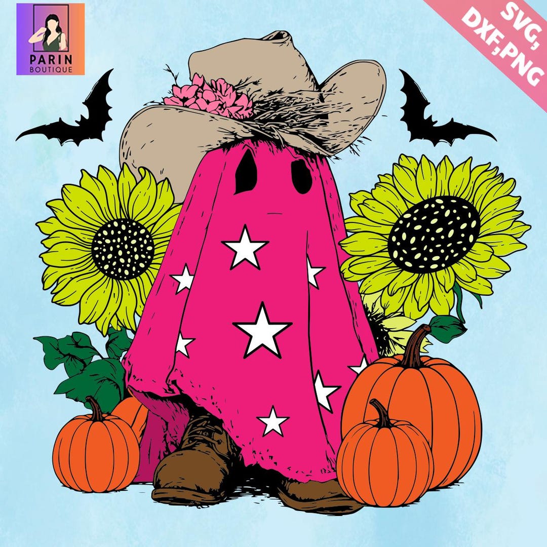Cowboy Ghost Halloween Svg Png,pink Star Ghost With Hat Sunflower ...