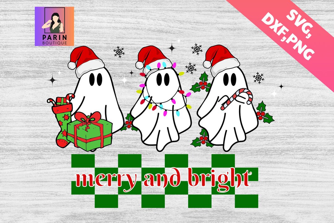 Merry and Bright Ghost SVG, Christmas Lights Svg, Retro Holiday Graphic ...