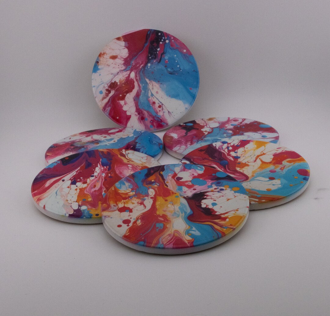 Acrylic Oil Splash Arteffect Round Ceramic Coasters-set of 6, Colourful ...