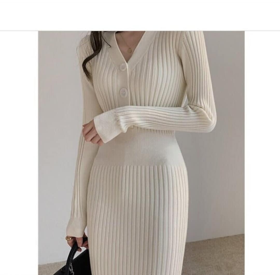 Long Sleeve Knitted Midi Dress Elegance Slim Bodycon V-neck - Etsy