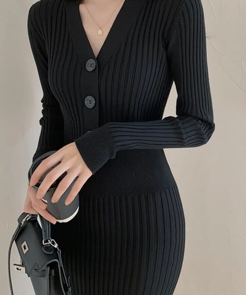 Long Sleeve Knitted Midi Dress Elegance Slim Bodycon V-neck - Etsy