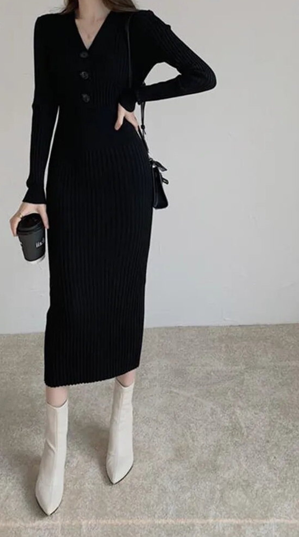 Long Sleeve Knitted Midi Dress Elegance Slim Bodycon V-neck - Etsy