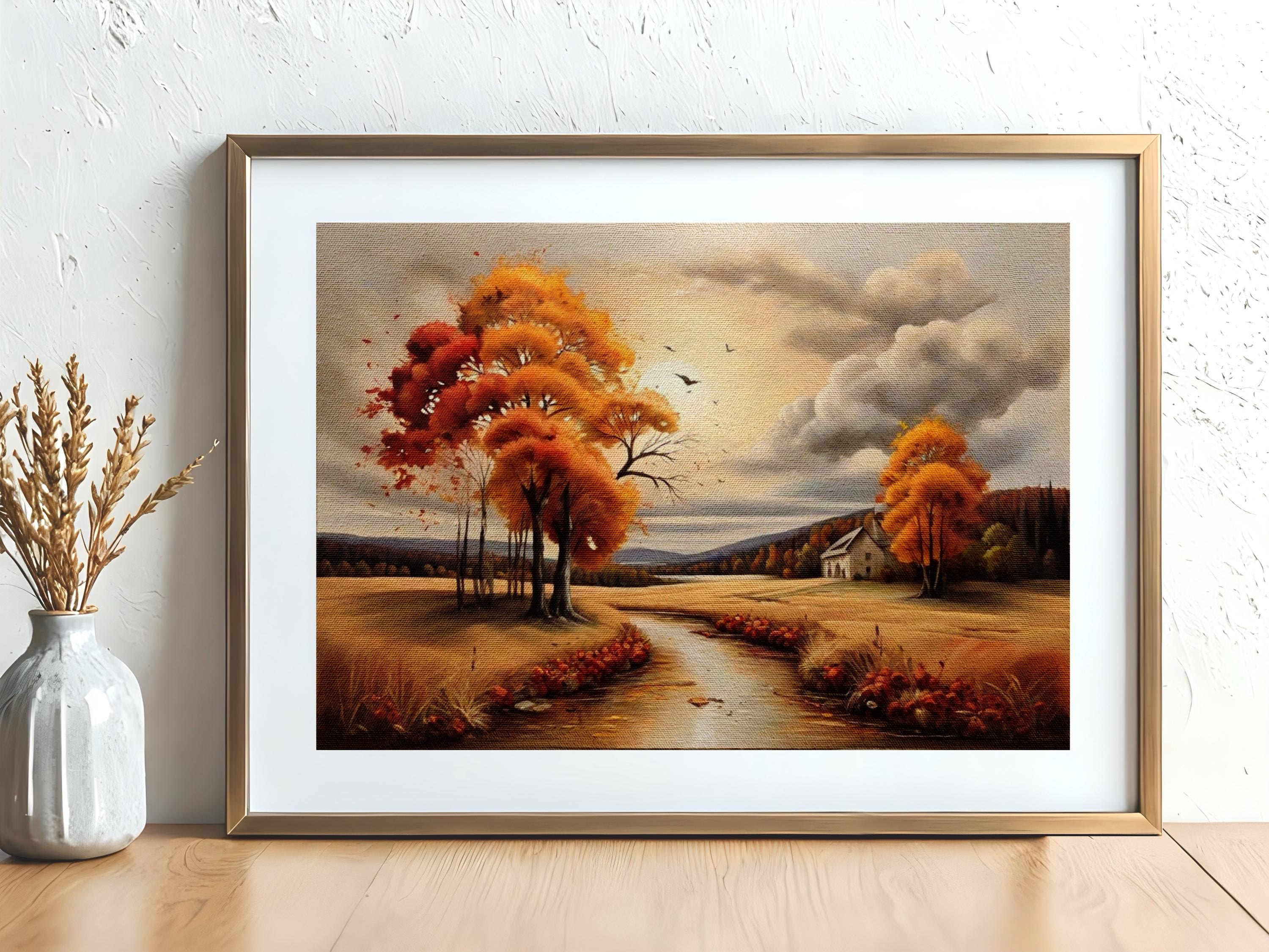 Rustic Autumn Landscape Print, Cottage and Fall Trees With Stream, Cozy ...