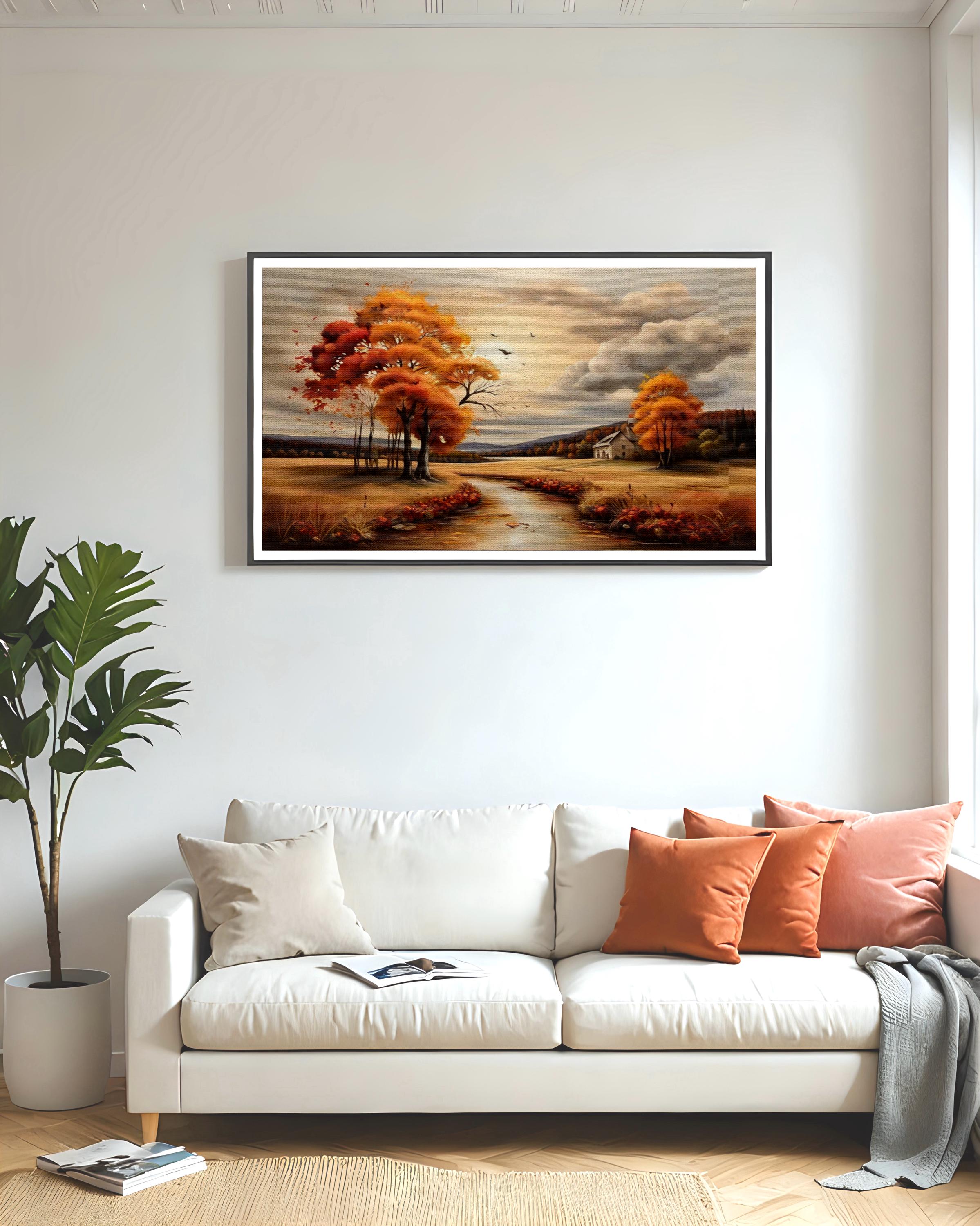 Rustic Autumn Landscape Print, Cottage and Fall Trees With Stream, Cozy ...
