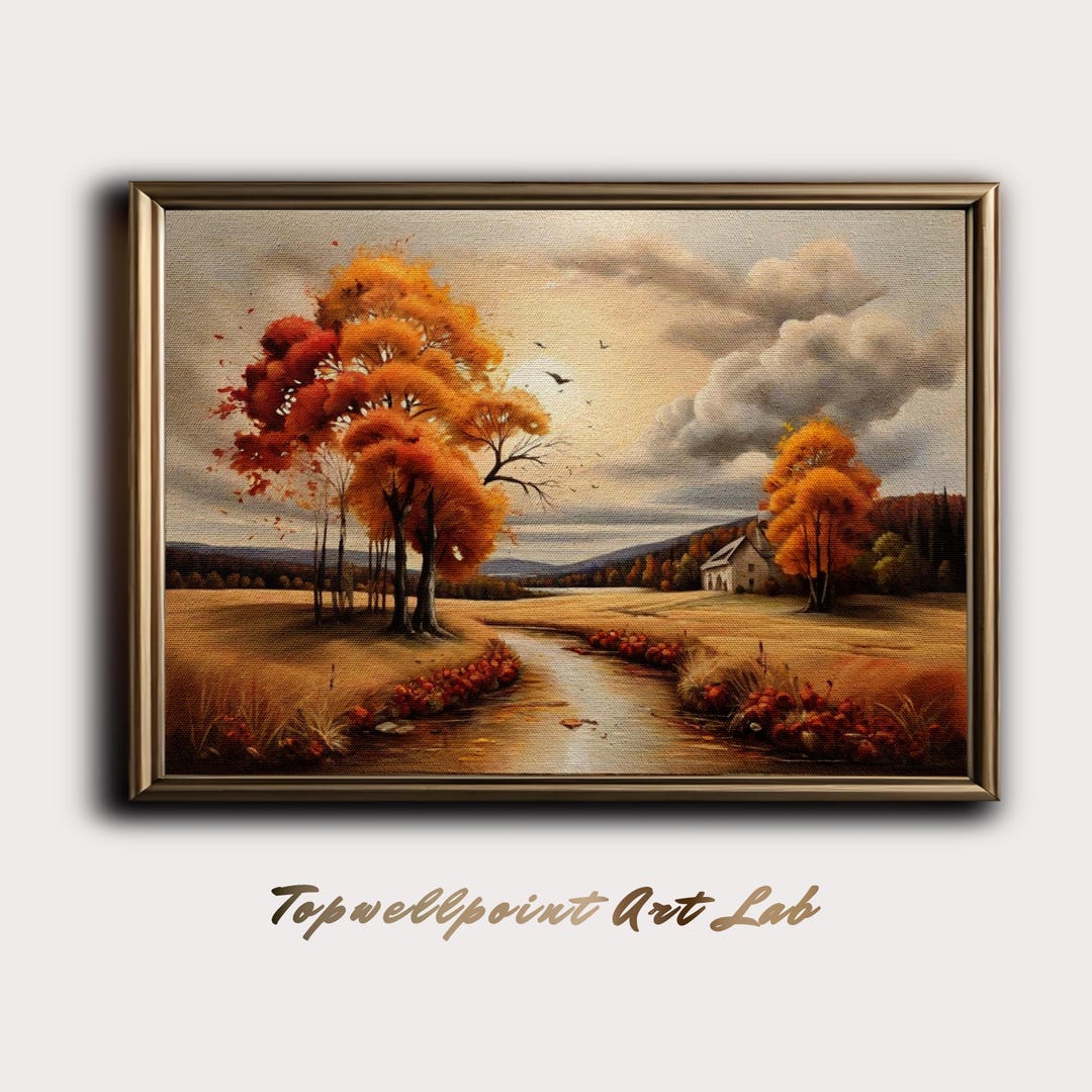 Rustic Autumn Landscape Print, Cottage and Fall Trees With Stream, Cozy ...