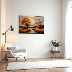 Rustic Autumn Landscape Print, Cottage and Fall Trees With Stream, Cozy ...