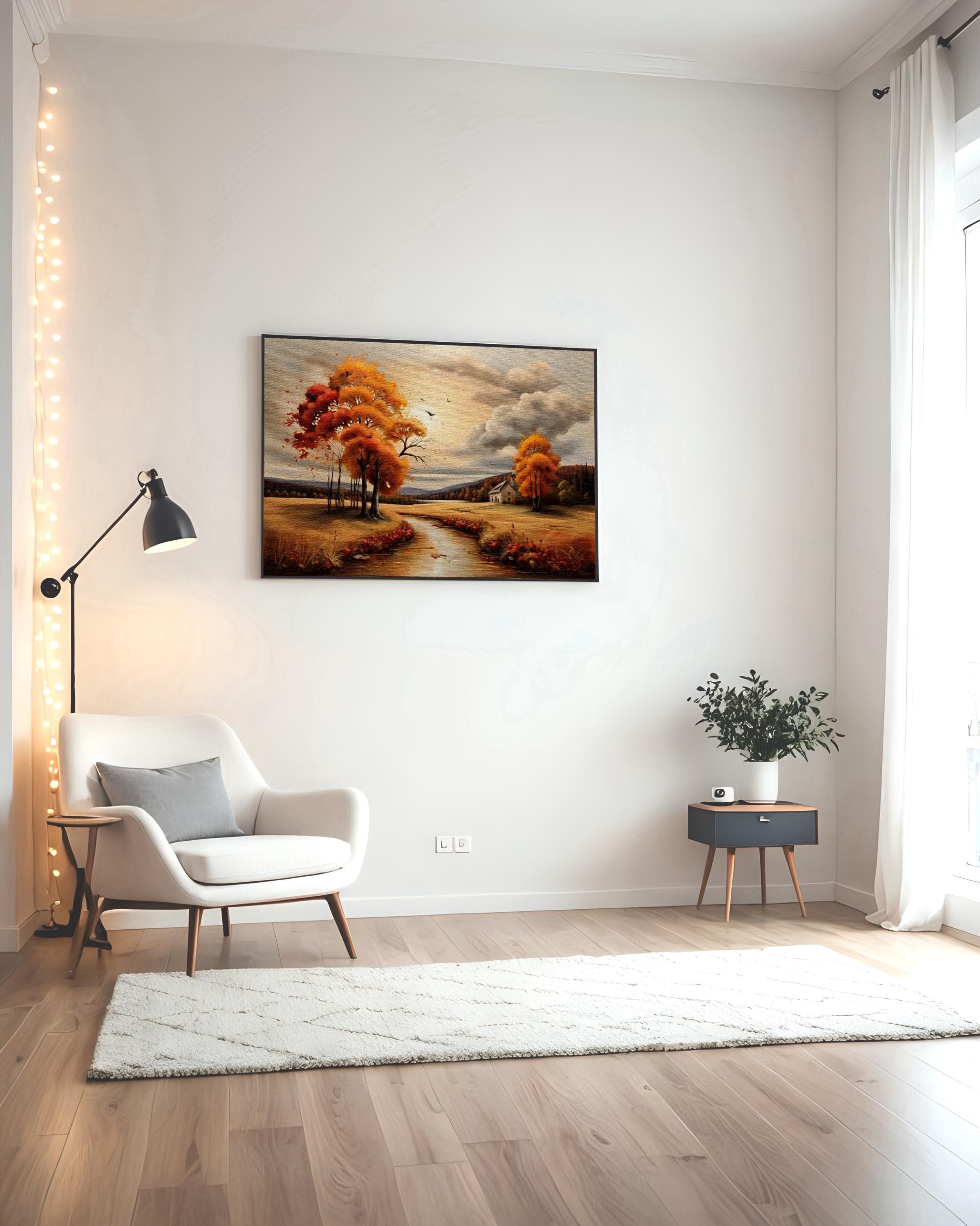 Rustic Autumn Landscape Print, Cottage and Fall Trees With Stream, Cozy ...