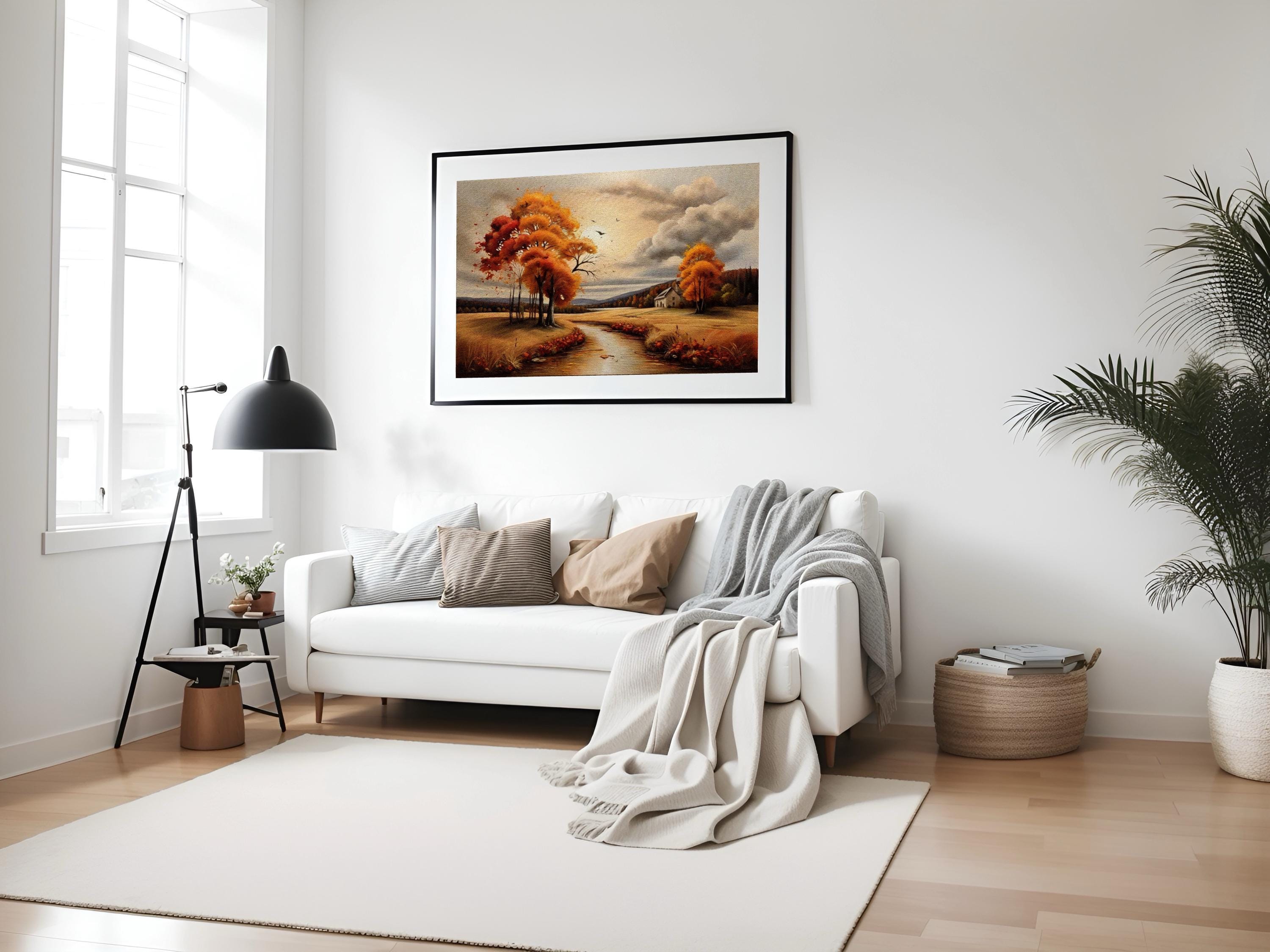 Rustic Autumn Landscape Print, Cottage and Fall Trees With Stream, Cozy ...