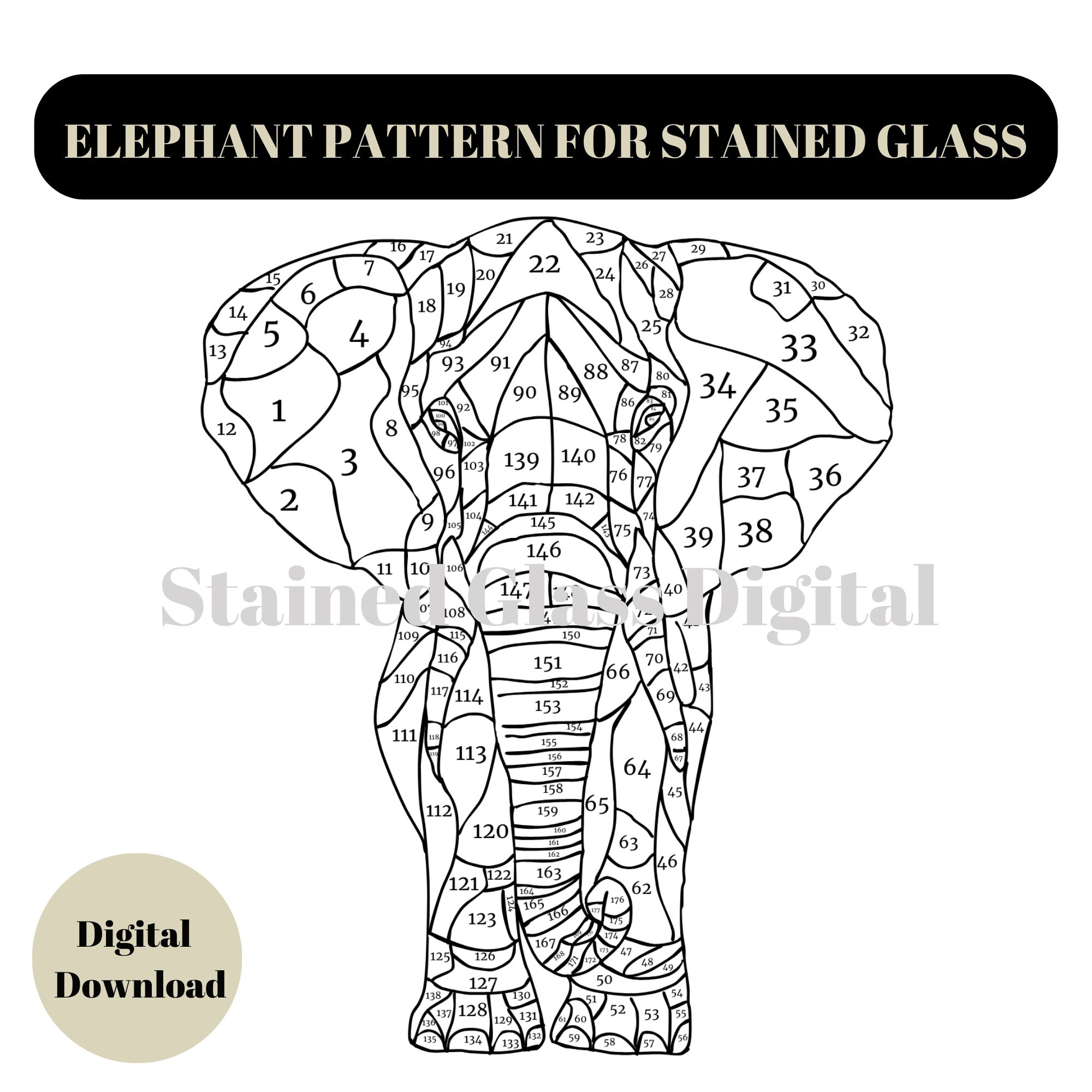 Elephant Pattern for Stained Glass, Stained Glass Pattern, DIY Stained ...