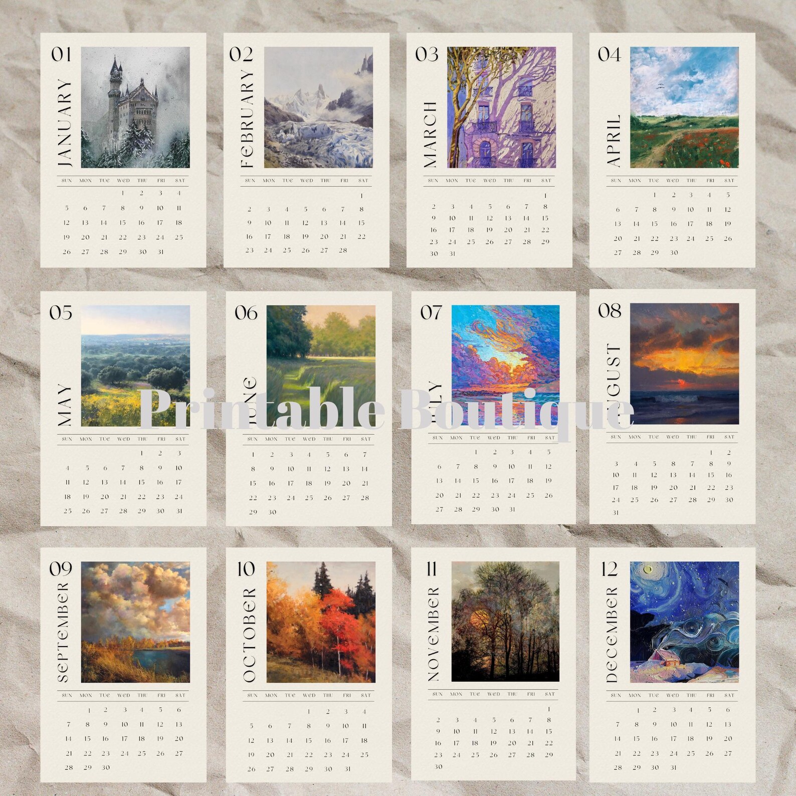 2025 Printable Calendar, 12 Month Art Inspired Digital Download ...