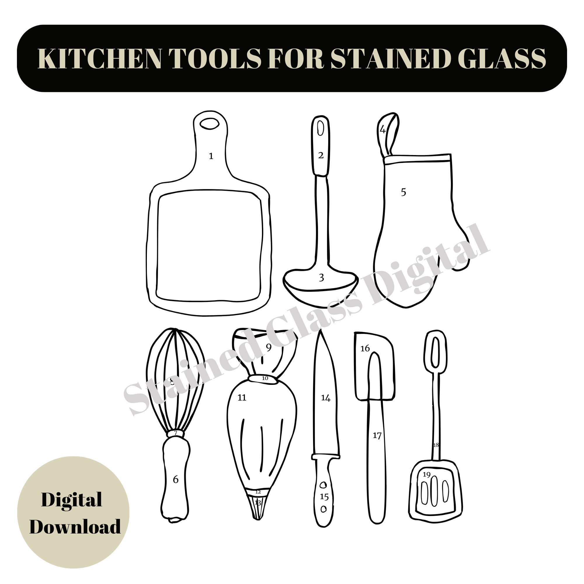 Kitchen Tools Pattern for Stained Glass, Stained Glass Pattern, Kitchen ...