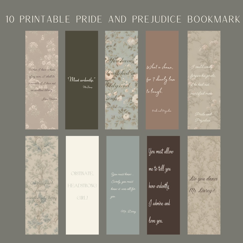 10 Printable Pride and Prejudice Bookmark, Jane Austen Bookmark Set ...