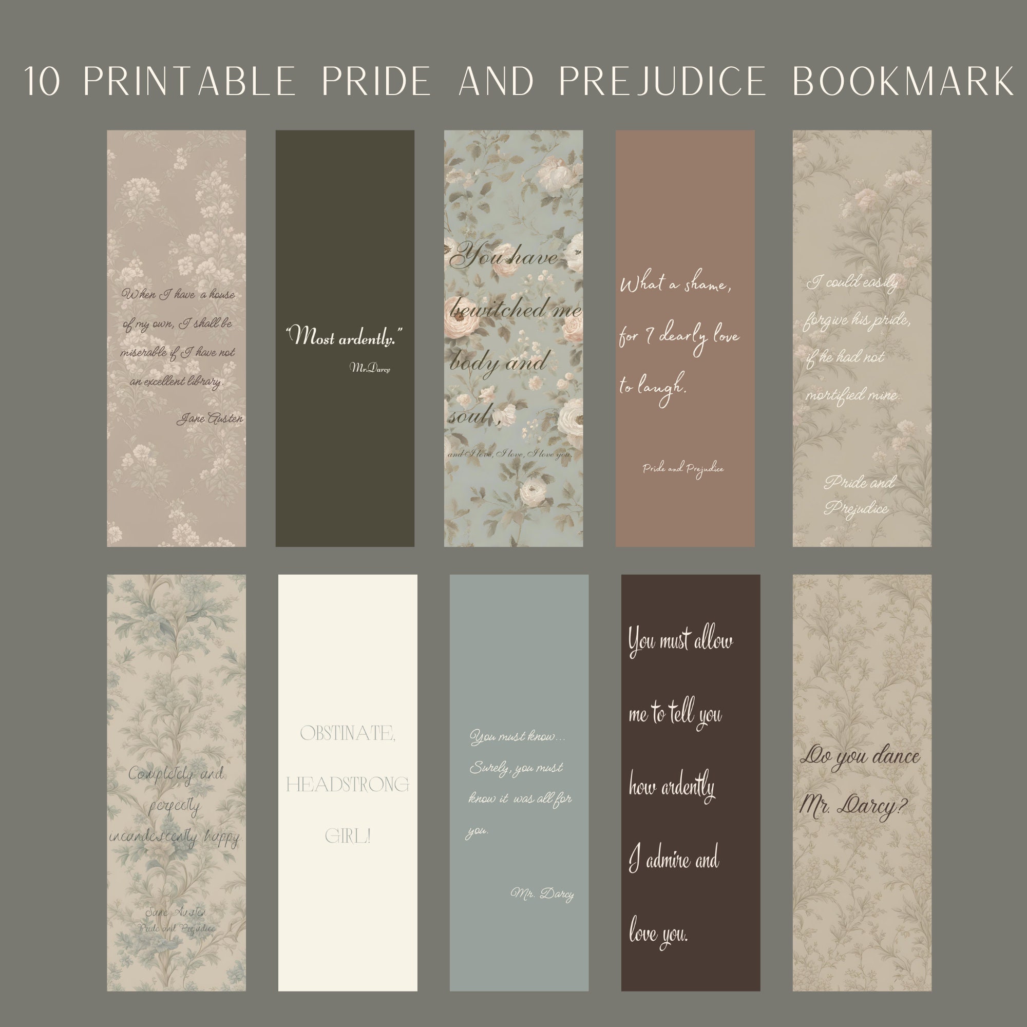 10 Printable Pride and Prejudice Bookmark, Jane Austen Bookmark Set ...