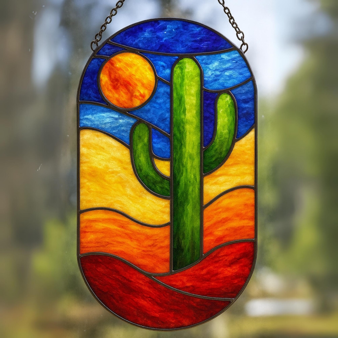 Cactus Stained Glass Pattern SVG, Succulent Suncatcher PDF, Sunrise ...