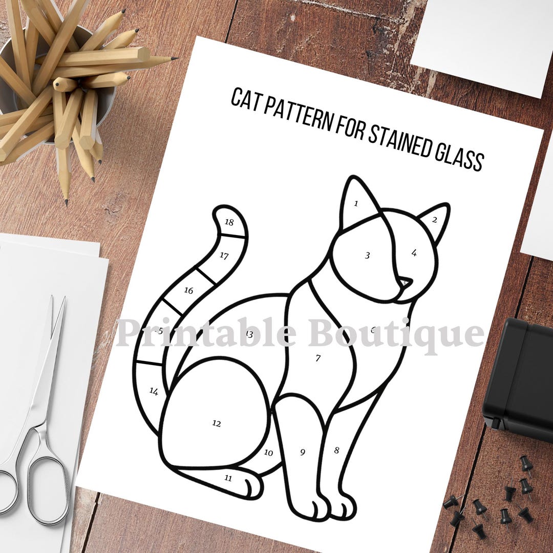 Cat Stained Glass Pattern, Sitting Cat Glass Template PDF, Easy DIY Cat ...