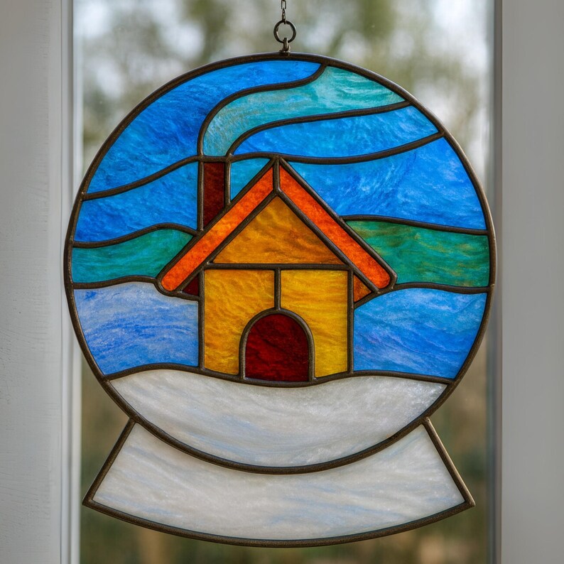 Snow Globe Stained Glass Pattern, Winter Stained Glass Design, House ...