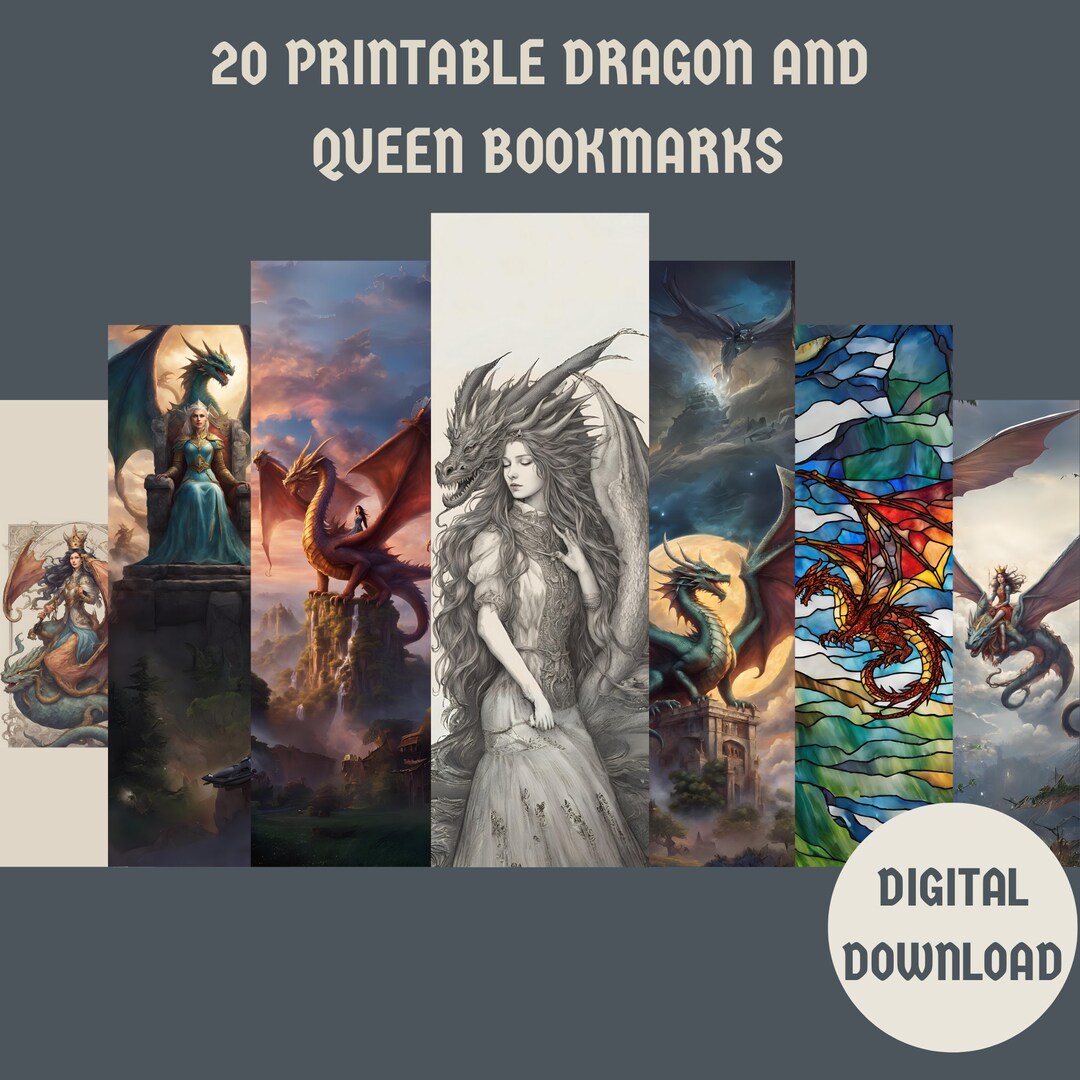 20 Printable Dragon and Queen Bookmark, Fantasy Bookmark Set, Dragon ...